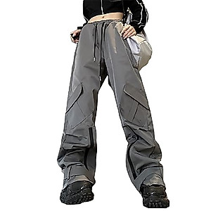 Zempertoopa Cargo Pants Women Low Waist Y2k Wide Leg Parachute Pants Casual Baggy Combat Military Trousers with Pockets Streetwear (C-Gray Elastic Waist, XL)