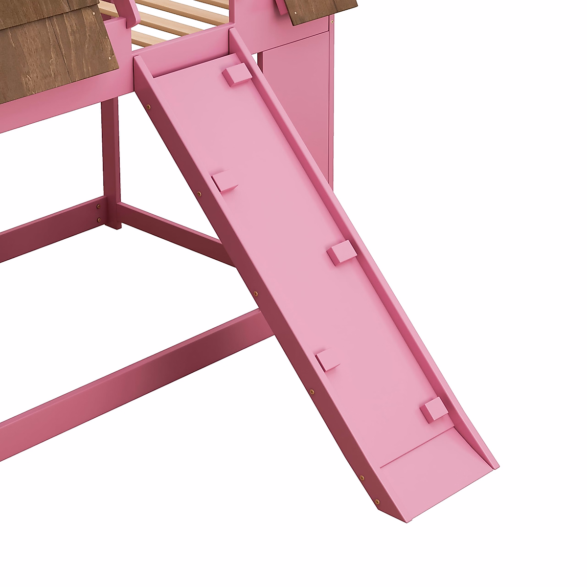 SOFTSEA Pink House Bunk Bed with Roof Low Bunk Bed with Slide for Girls, Twin Over Twin