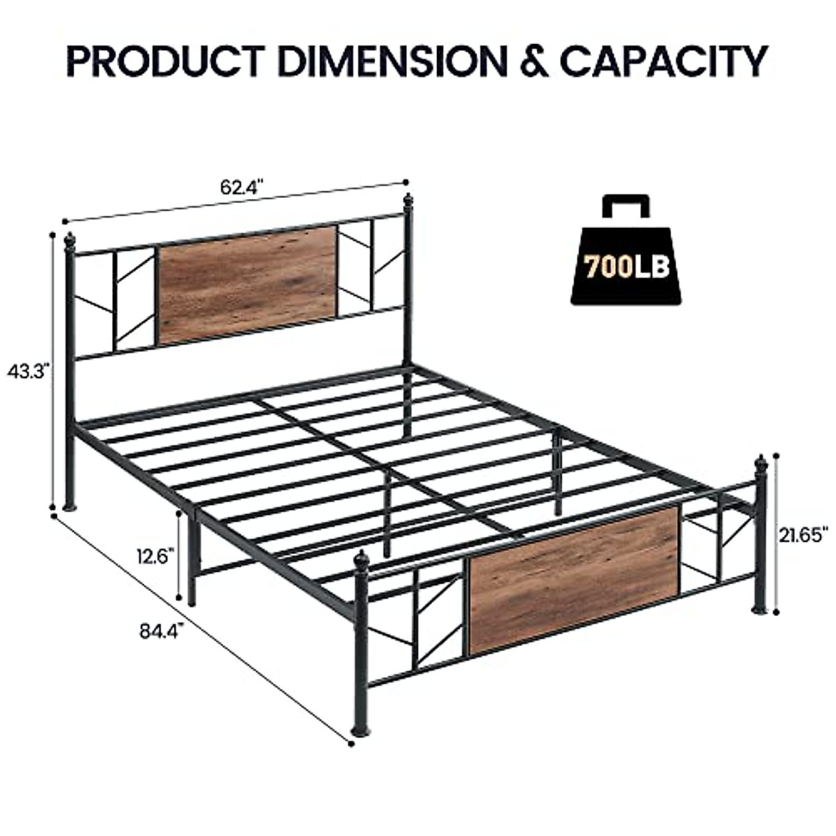 GAOMON 12.6 Inch Queen Size Bed Frame, Metal Platform Bed Frame with Wooden Headboard and Footboard, Mattress Foundation, No Box Spring Needed, No Box Spring Needed, Noise Free (Queen)