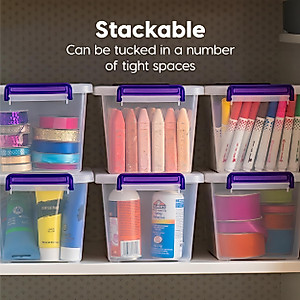 IRIS USA Plastic Storage Bins with Lids 5.4 Qt. Craft Organizers and Storage with Handle, Art Supply Storage Organizer, Arts and Crafts Organizer, Stackable and Secure Latch, Clear/Violet - 6 Pack