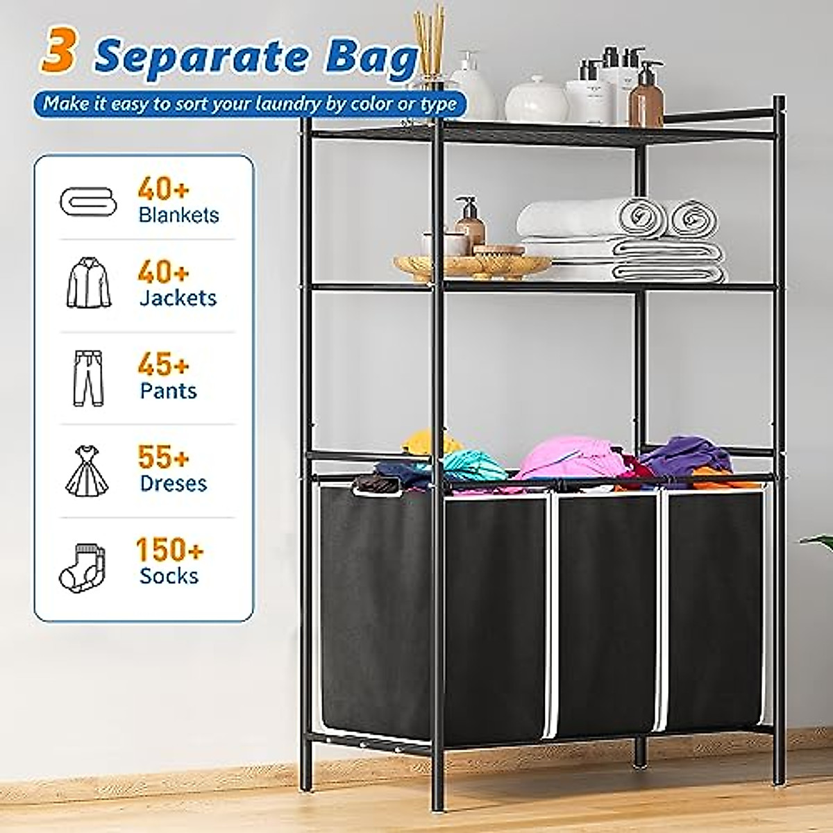 Raybee Laundry Sorter 3 Section Laundry Hamper Sorter with Adjustable Storage Shelf 145L Laundry Basket Organizer with Removable Bag 3 Compartment Laundry Hampers for Laundry Room Organization Baskets