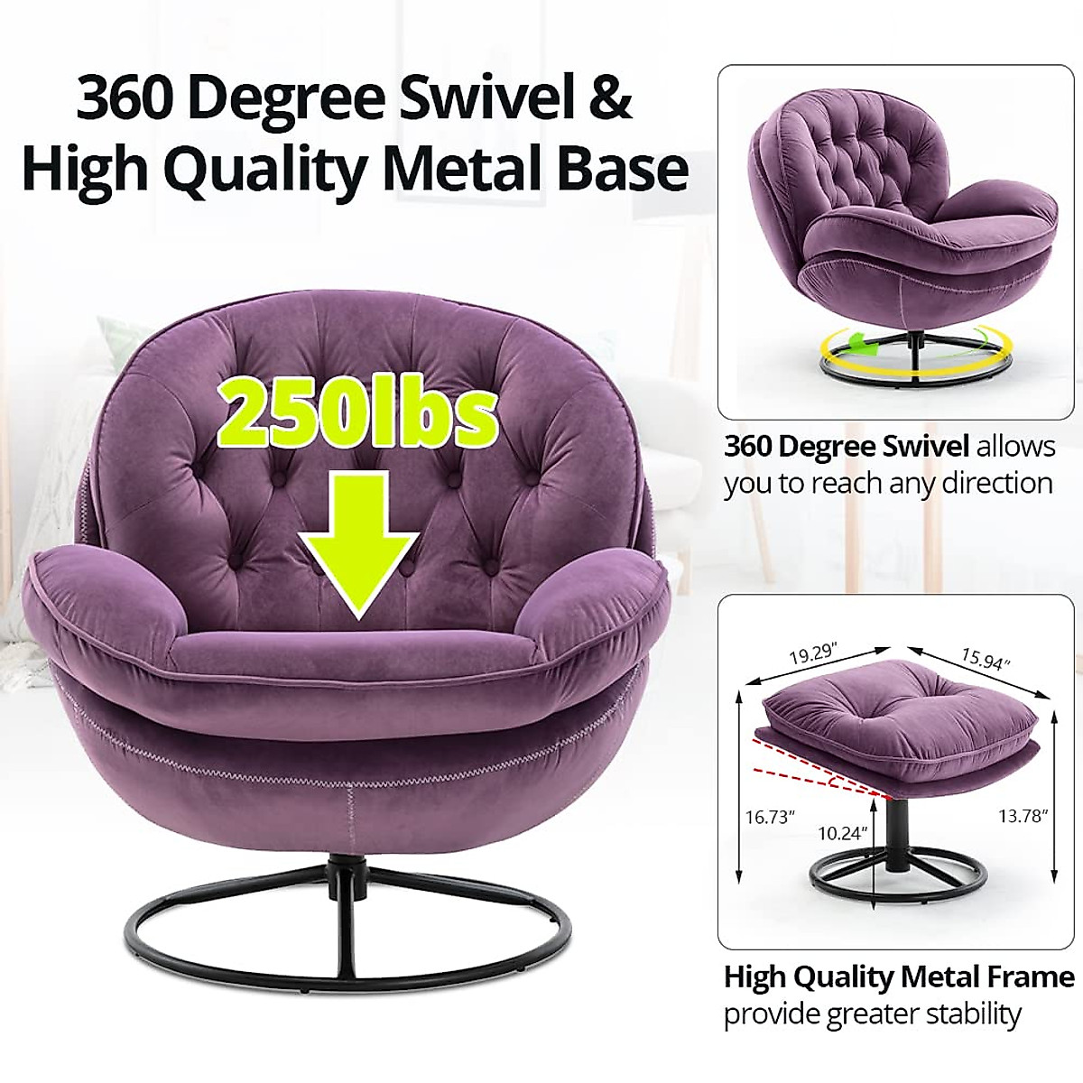 LLS Velvet Swivel Accent Chair with Ottoman Set, Purple, Comfortable Single Leisure Sofa Chair with 360 Degree Swiveling for Living Room