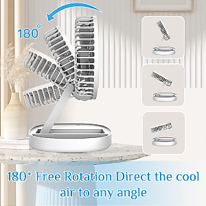 DEPOZA 7 Inch Travel Fan, Portable Folding Desk Fan with 3 Speeds, 185° Rotation, Battery Operated & Rechargeable, Quiet Small Table Fan for Bedroom, Office