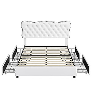 HOSTACK Bed Frame with 4 Storage Drawers, Upholstered Platform Bed Frame with Button Tufted Headboard, Heavy Duty Mattress Foundation with Wooden Slats, No Box Spring Needed (White, Queen)