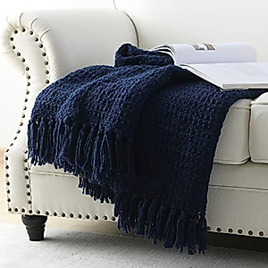 Chunky Knit Throw Blanket, Navy Blue Soft Warm Cozy Bed Throw Blanket with Tassels, Boho Style Textured Knitted Home Decorative Blanket for Couch, Sofa &Bed, 50"x60"