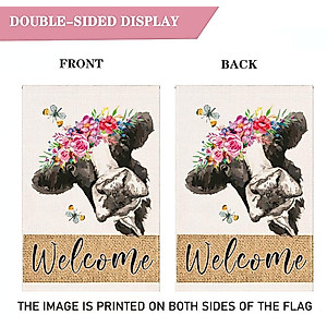 LHSION Spring Cow Garden Flag 12.5 x 18 Inch Welcome Floral Decorative Double Sided Burlap Flag For Spring Summer Farmhouse Yard Seasonal Decor