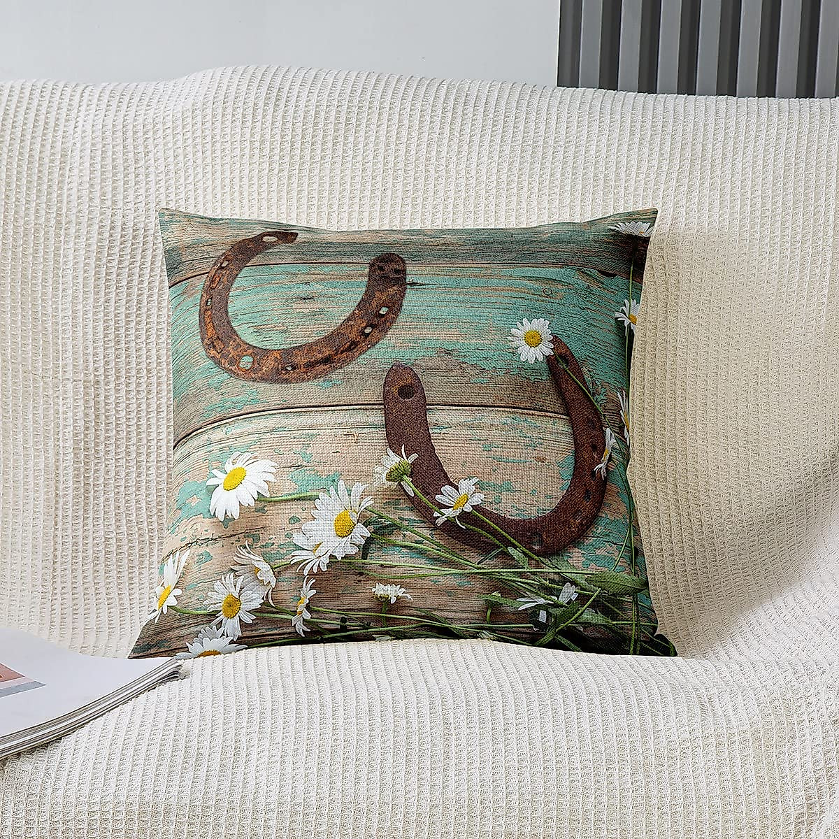 Castle Fairy Horseshoe Reversible Print Pillow Cover 18"x18" for Bed or Sofa,Rustic Vintage Wooden Board Pack of 2 Cushion Cover,White Daisy Flower Single Pack Couch Pillow Cover