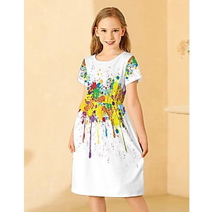 21KIDS Girls Floral Dress Kids Boho Short Sleeve Pleated Casual Dress with Pockets for Girls, Paint, 6 Years