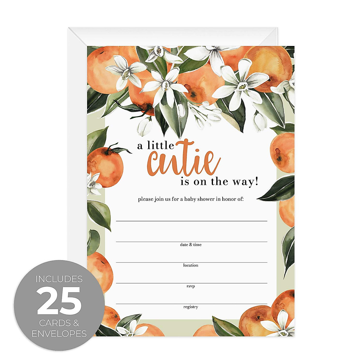 Little Cutie Baby Shower Invites / 25 Baby Shower Invitation Cards With White Envelopes / 5" x 7" Citrus Clementine Fruit New Baby Party Invitations/Fill In Gender Neutral Invite Cards