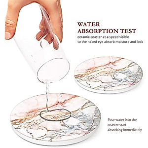 Britimes Coasters for Drinks Absorbent with Metal Holder Stand, Ceramic Stone Coaster Sets of 6, Marble Style Coaster for Coffee Wooden Table, Housewarming Gift Pink