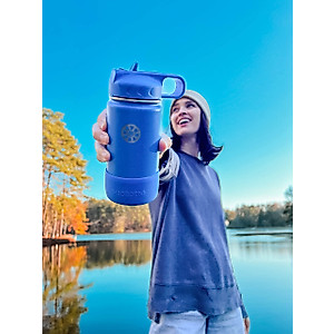 H2OBotté Kids Water Bottle for School - 14oz (Straw Lid), Reusable Leak-proof Insulated Stainless Steel Reusable water bottle for Girls, Boys (Sapphire Blue)