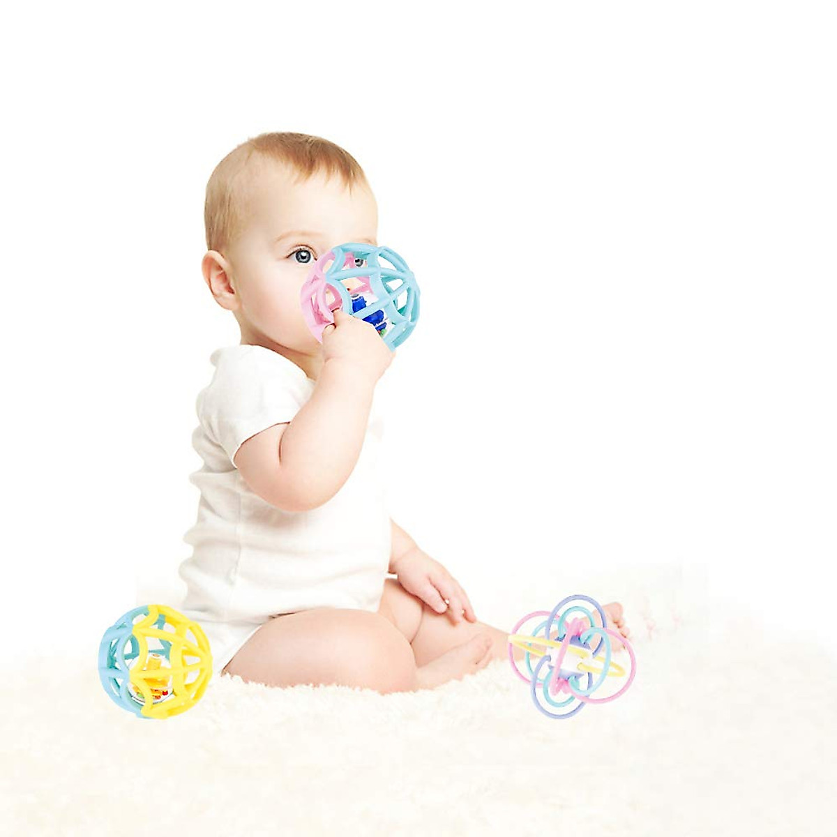 Baby Play Ball and Sensory Teether. Two Outer Plus 2 Inner Balls. Rattles and Rolls for Double The Fun. Ages 0 Month to 4 Years