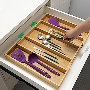 Utoplike Bamboo Expandable Kitchen Drawer Organizer, Adjustable Utensil Holder and Cutlery Tray Organiser, Drawer Divider for Silverware, Flatware, Knives in Kitchen, Bedroom, Living Room