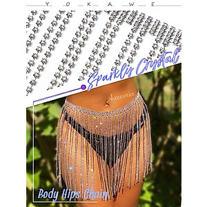 Yokawe Crystal Tassel Body Chains Belly Dance Skirts Rhinestones Bikini Hip Waist Chain Summer Beach Nightclub Accessories for Women (Silver)