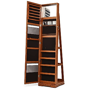 CHARMAID 360° Swivel Jewelry Armoire with Higher Full Length Mirror, Standing Lockable Jewelry Cabinet Organizer with Large Storage Capacity, Inside Makeup Mirror, Back Storage Shelves (Walnut)