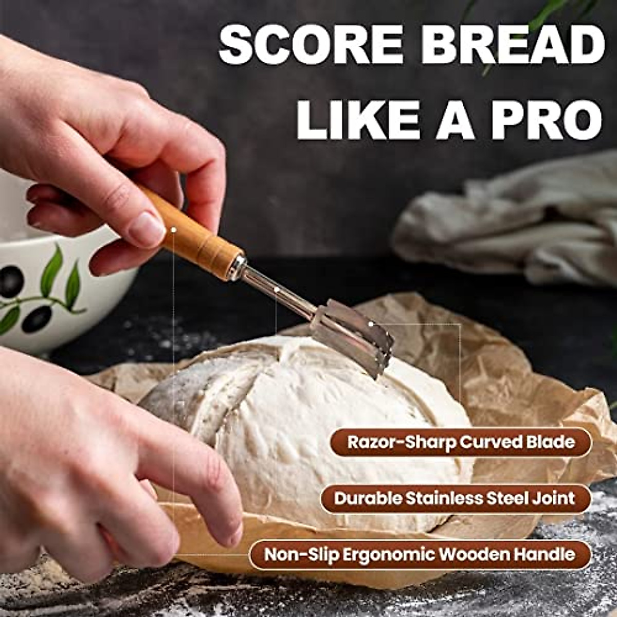 CUNSENR Premium Bread Lame Tool - Hand Crafted Bread Lame Dough Scoring Tool - Easy to Lame Bread & Clean - Stainless Steel Sourdough Scoring Tool - Bread Scoring Tool with Leather Cover(5 Blades)