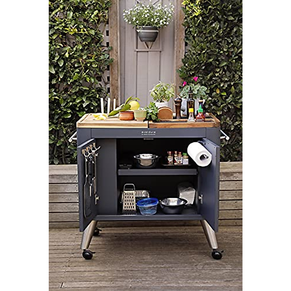 Everdure Mobile Prep Kitchen, 40-Inch Indoor/Outdoor Kitchen Island, Rolling Cart with Lockable Wheels, Equipped with Built-in Cutting Board and Serving Trays, Graphite