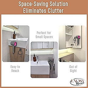 EnCasa Romero Hair Dryer Holder - Wall Mounted Hanger for Blow Dryers & Hair Dryers and Power Cord - Dual Mounting Option with Self Adhesive Strips and Screws Compatible with Dyson & Most Hairdryers
