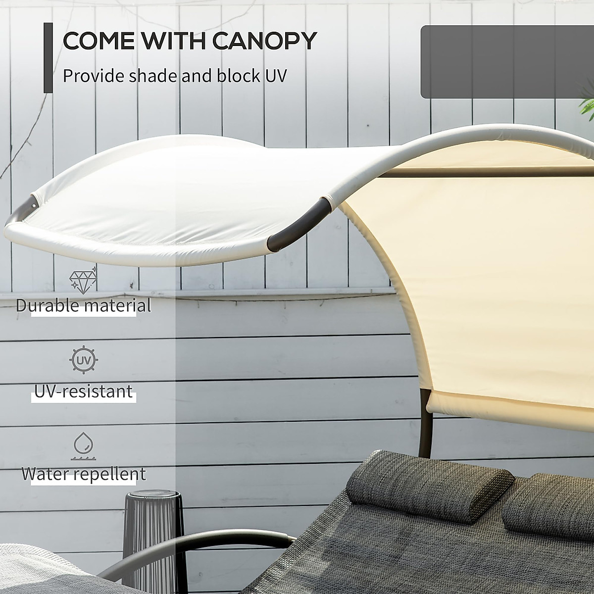 Outsunny Outdoor Double Chaise Rocking Chair, Day Bed Sun Lounger with Canopy Shade, Headrest Pillow, Armrests for Garden, Poolside, Light Gray