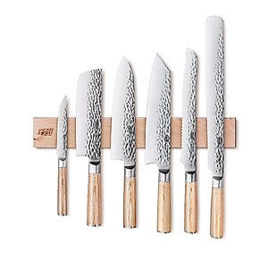 FINDKING 7PCS Kitchen Knife Set, with Wooden Magnetic Knife Holder, Elegant Japanese Chef Knives Set, Sharp Stainless Steel Blade, Pakka Wood Handle, for Daily Cooking (Michelia Series)