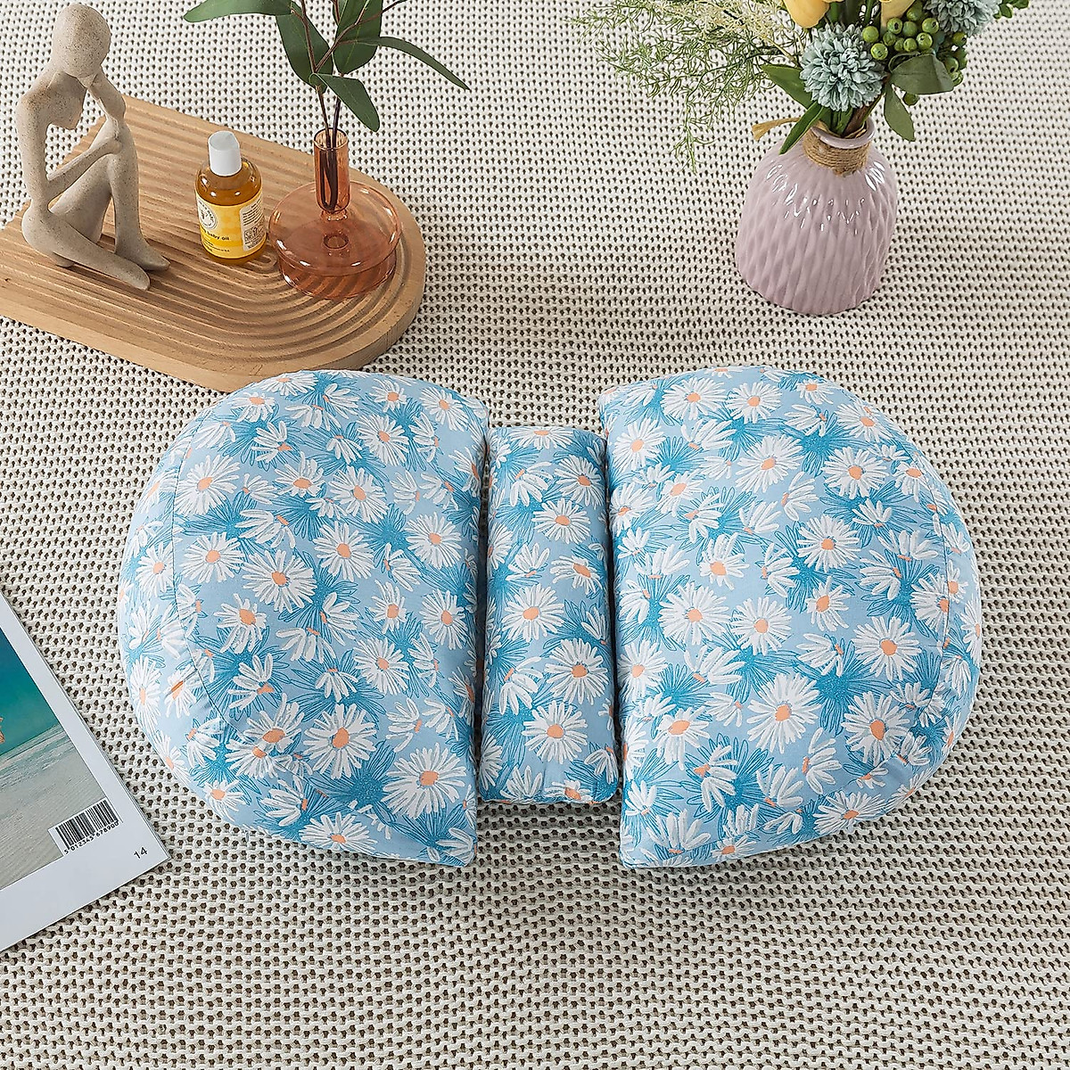 Lemfux Maternity Belly Double Wedge Pillows for Pregnant Women Sleeping, Elegant Small Adjustable Daisy Patterned Pregnancy Pillow for Back Support, 100% Cotton, Ultra Soft, for Side Sleeper