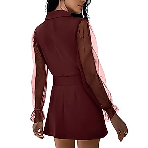 LYANER Women's Elegant Collar V Neck Lace Long Sleeve Blazer Mini Dress with Belt Burgundy Medium