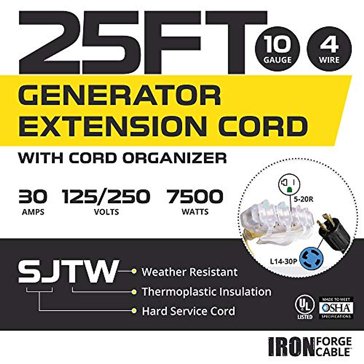 30 Amp Generator Cord - 25 Ft 4 Outlet Generator Power Cable with Organizer, L14-30, 10/4 SJTW, 125/250v, 7500 Watt