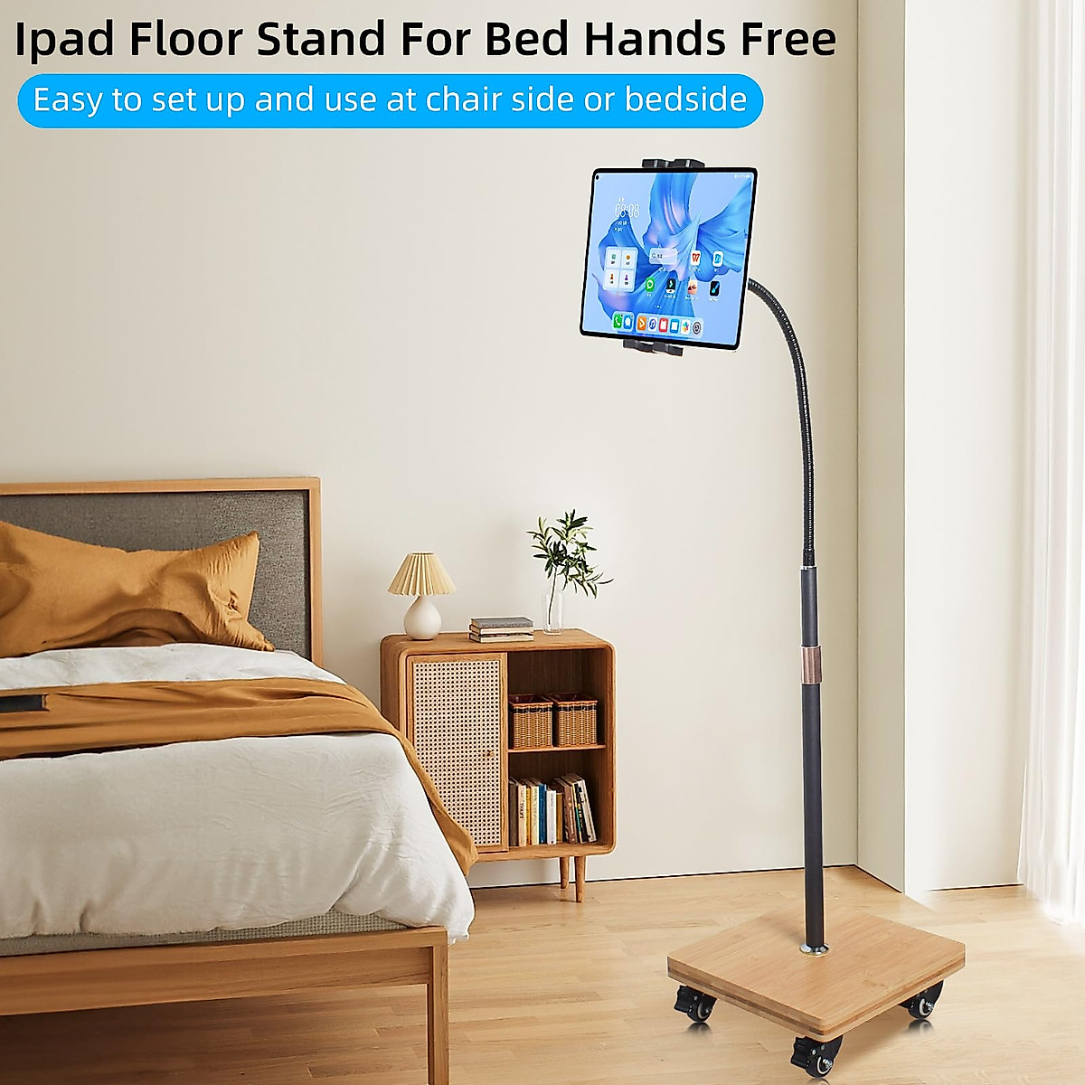 Crocqett Ipad Stand Floor with Wheels,Adjustable Height Tablet Floor Stand for Bed,Gooseneck Tablet Holder with Bamboo Base,Compatible with Kindle,Ipad pro Mini 12.9/6,Phones (4.7''-13'')