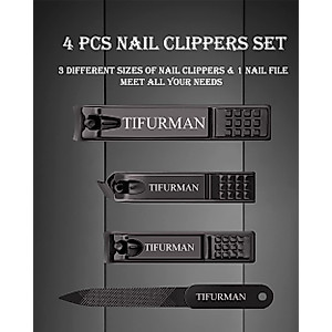 Nail Clippers Set, TIFURMAN Stocking Stuffers, Fingernail & Thick Toenail & Ingrown Nail Clippers & Nail File, Perfect 4 pcs Nail Clippers Cutter for Men and Women(Black)