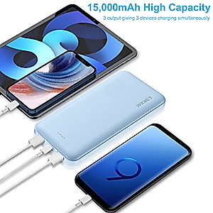 Lekzai USB-C Portable Phone Charger, Portable Charger with 3 Charging Outputs, 15,000mAh Slim Power Bank Fits for iPhone Samsung Tablet etc.