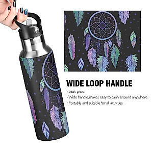 Yasala Water Bottle Dream Catcher Purple Feather Coffee Thermos Stainless Steel Insulated Beverage Container 20 oz with Straw Lid BPA-Free for Sport, Travel, Camping, Back to School