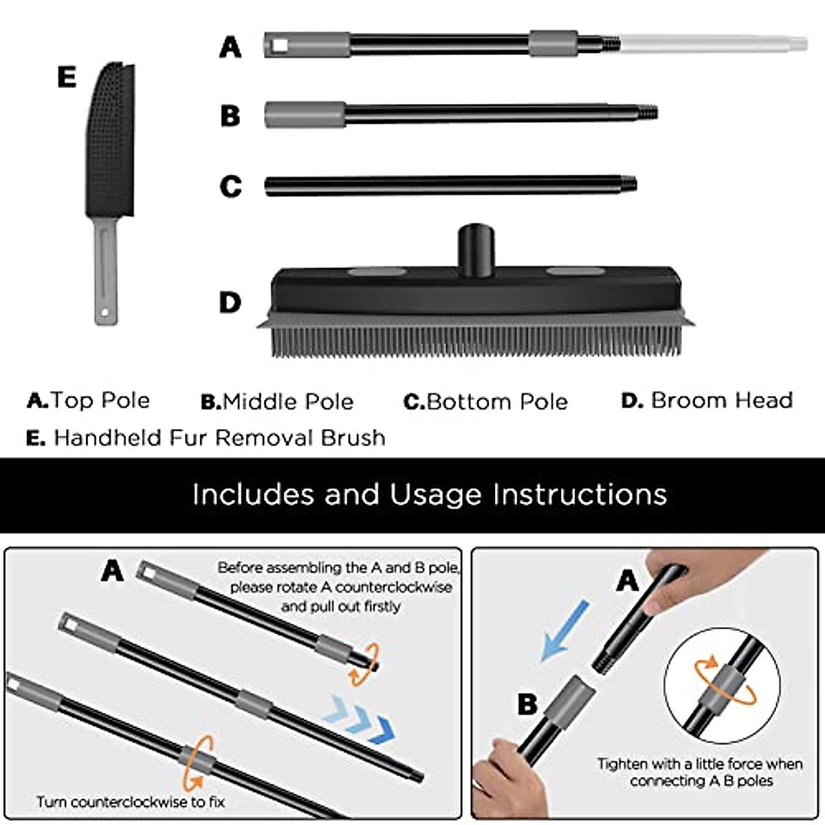 Sunally Rubber Broom Pet Hair Remover, Fur Remover Broom with Squeegee for Fluff Carpet, Hardwood Floor, Tile, Window, Black Grey, Includes Portable Lint Remover Brush and Broom Holder