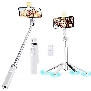 Fugetek 40'' Quadrapod Lighted Selfie Stick Stand, Lightweight 7oz, Wireless Bluetooth Remote, Patented Ultra Stable 4 Legs, 3 Onboard Light Modes, Compatible with iPhone & Android (White)
