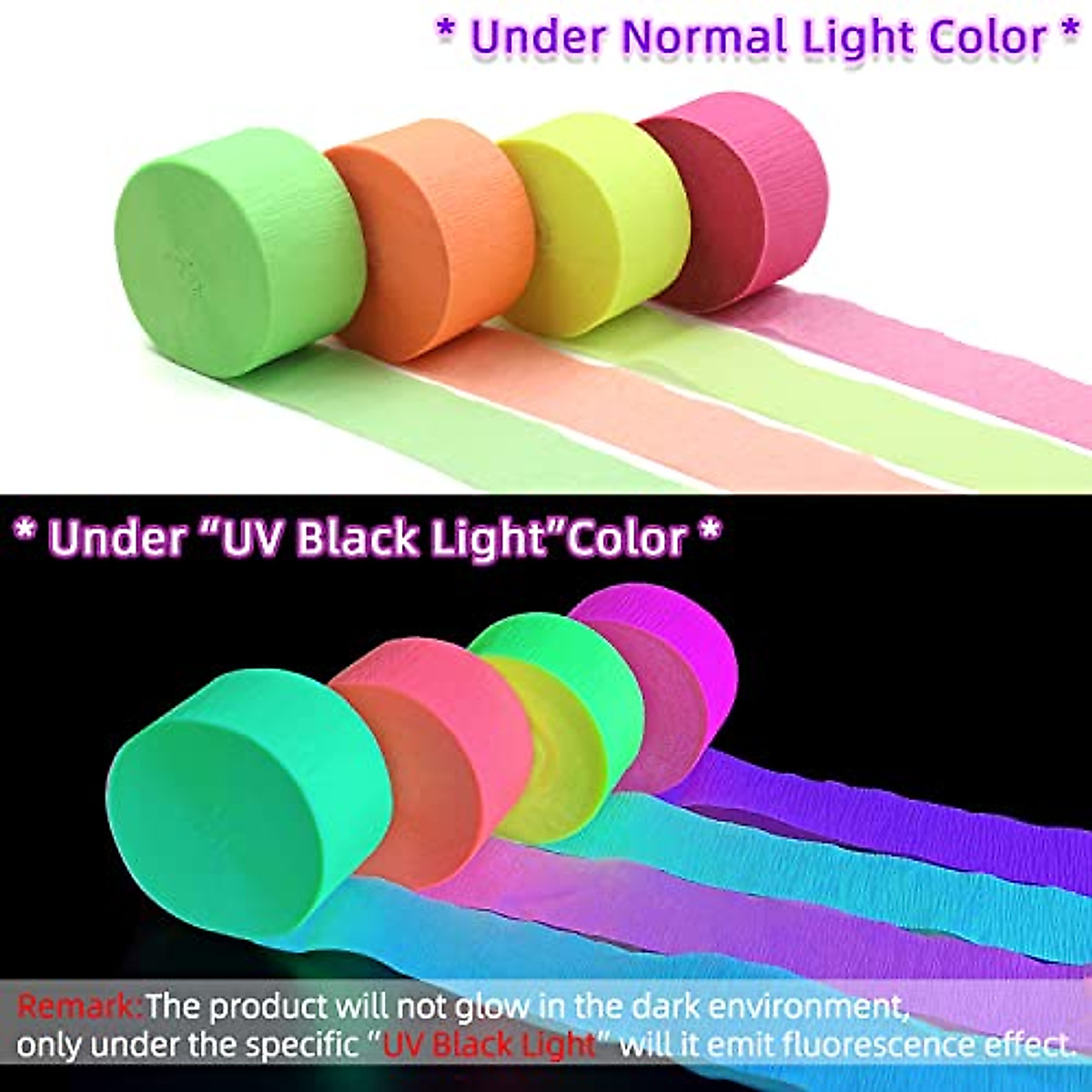 400feet Blacklight Party Streamer Decorations 4 Rolls Glow Crepe Paper UV Reactive Fluorescent Neon Paper Streamers Glow Party Supplies and Decorations for Wedding, Birthday, Neon Party, Fiesta Party