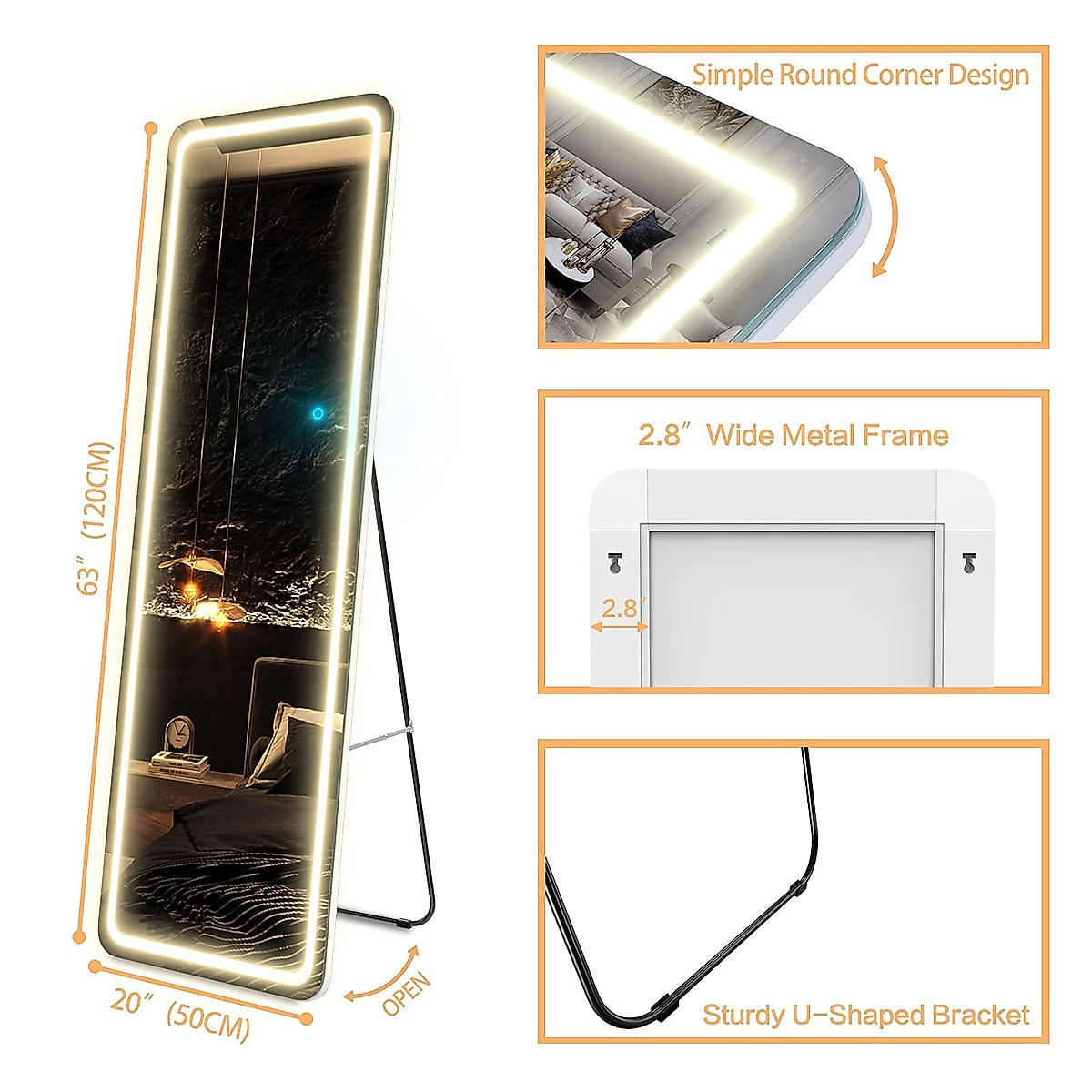 LVZORY 63"x20" Full Length Floor Mirror Dimming Lights Bedroom Tall Full-Size Body Lighted Free Standing Wall Mounted Hanging Dressing Mirror Touch Control (White 20"),