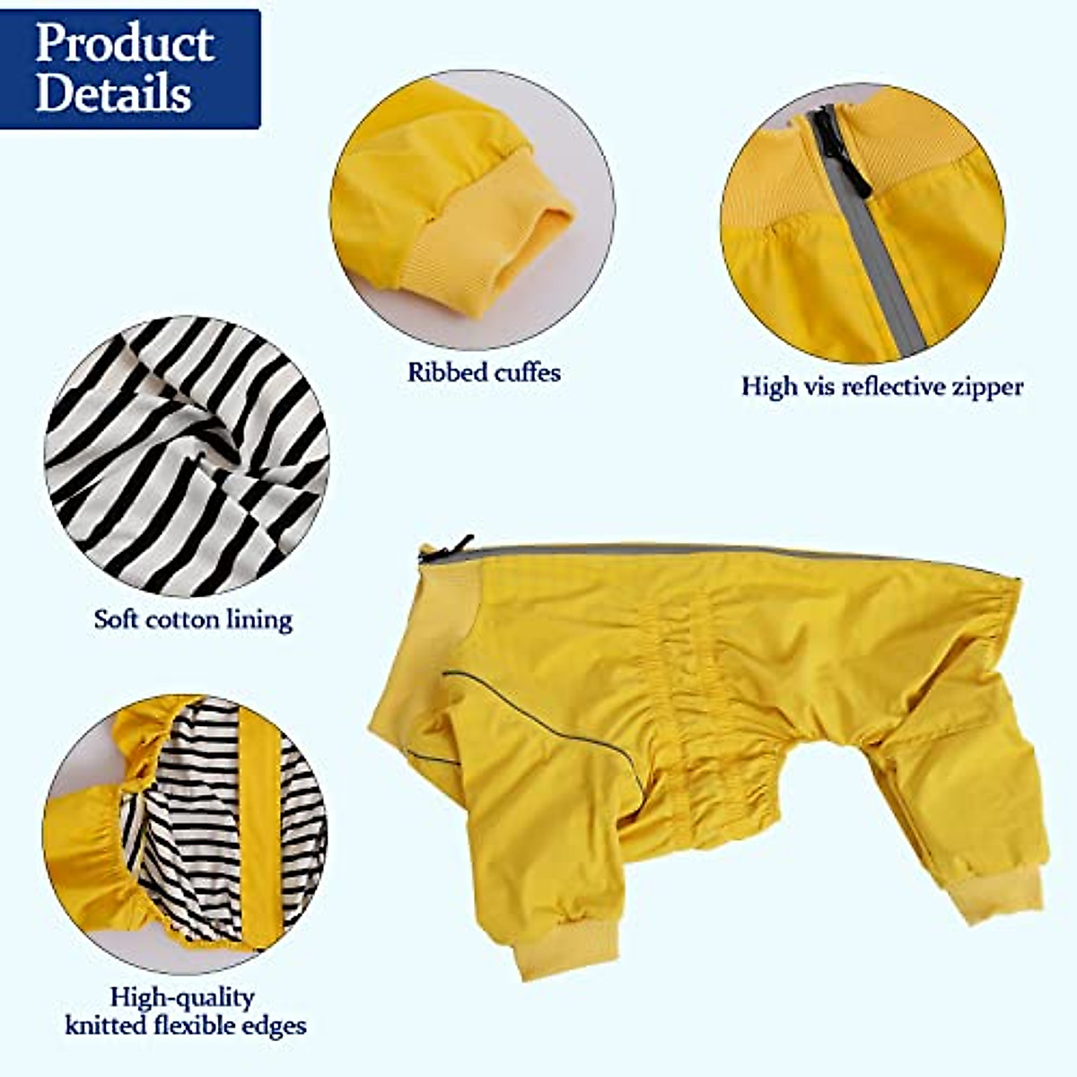 Brabtod Waterproof Dog Raincoat with Legs Double Layer Dog Clothes Full Body Dog Rainproof Jacket with Reflective Zipper Closure, Trousers Suit Ideal for Small Medium-Yellow-XXL