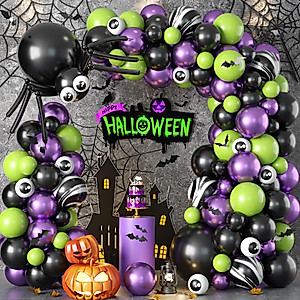 Halloween Balloons Garland Arch Kit Black Purple Green Lime Fruit Green Latex Balloon Metallic Purple Agate Black Long Balloons White Eye Balloons for Halloween Spider Party Decorations