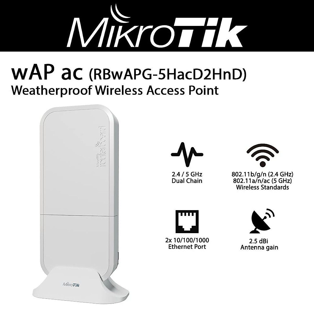 Mikro Tik wAP ac RBwAPG-5HacD2HnD 2.4/5GHz Small Weatherproof Wireless Access Point 2X Gbit Ports, white
