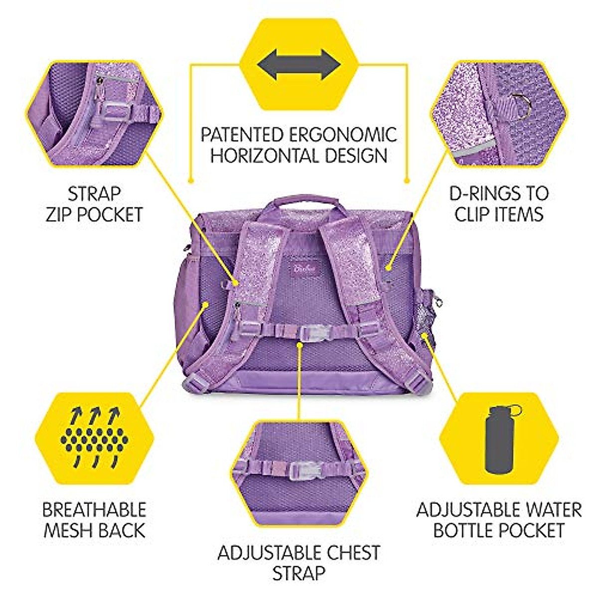 Bixbee Kids Backpack, Purple Sparkly Bookbag for Girls & Boys Ages 7 - 10 | Daycare, Preschool, Elementary School Bag for Kids | Easy to Carry & Water Resistant