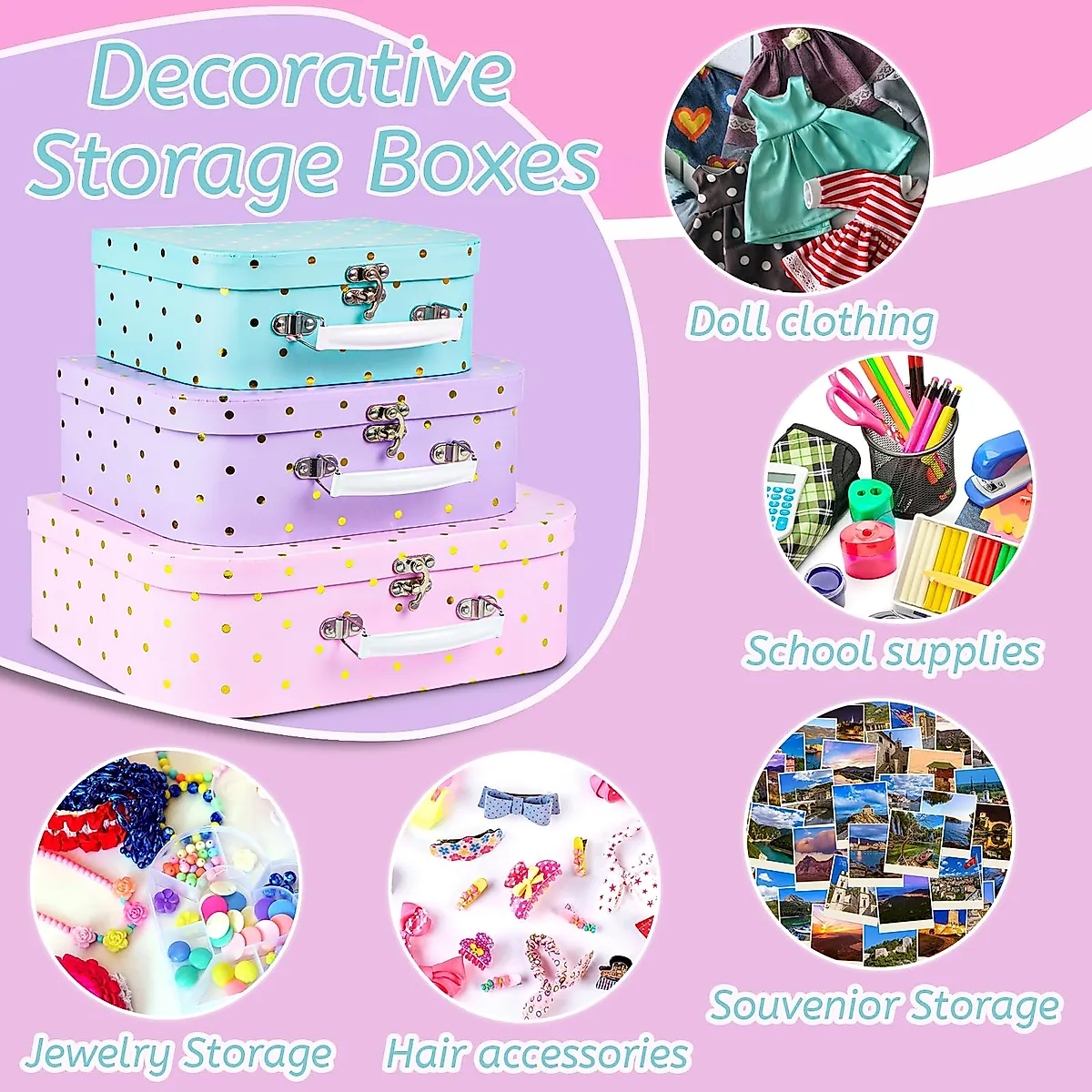 Eazy2hD Paperboard Suitcases, Set of 3 Decorative Storage Boxes Gift Boxes With Lids for Photo Storage Home Decoration, Birthday, Weddings, Anniversary - Mini Cardboard Suitcase - Gold Foil Polka Dots