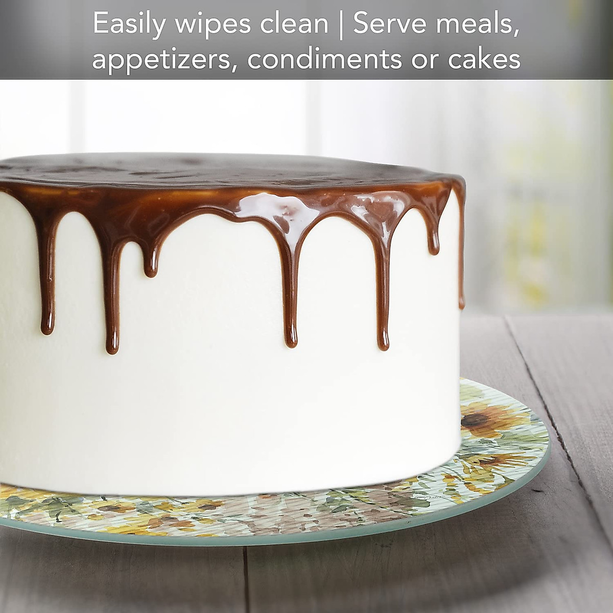 CounterArt Sunflowers Forever 4mm Heat Tolerant Tempered Glass Lazy Susan Turntable 13" Diameter Condiment Caddy Cake Plate Pizza Server