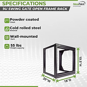 NavePoint 9U Server Rack with Swing Gate - 9U Wall Mount Rack for 19 Inch IT Equipment Open Frame Rack – Network Rack Wall Mount for AV & Server Equipment 18” Deep 9U Rack, Black