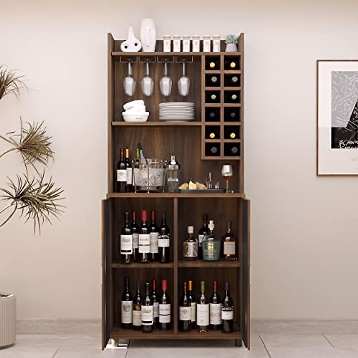 Apepro Wine Bar Cabinet for Liquor and Glasses with 12 Wine Bottle Racks, Kitchen Hutch Storage Cabinet for Living, Dinning Room, Hallway—Doors That Combine Wire Mesh with MDF
