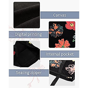 LIVACASA Canvas Tote Bag for Women, Large Floral Grocery Bags with Zipper and Inner Pockets,Travel Tote Bags for Shopping