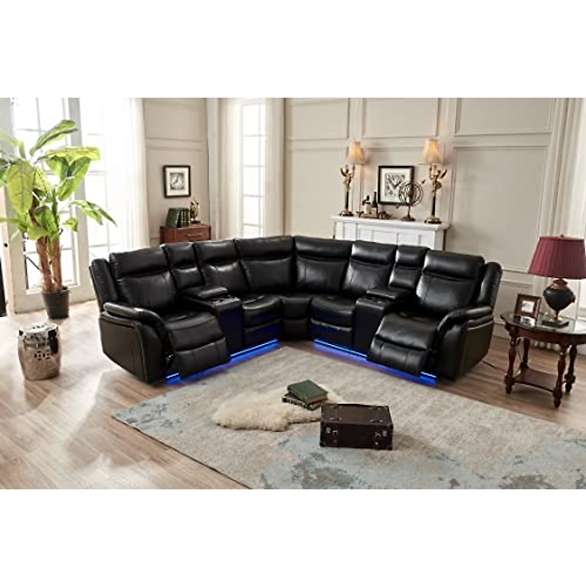 Elountik Symmetrical Power Reclining Sectional Sofa with LED Strip, Storage Console, Cup Holders with Built-in USB Charging Port; Home Theater Power Reclining Sofa Couch (Power Reclining Black)