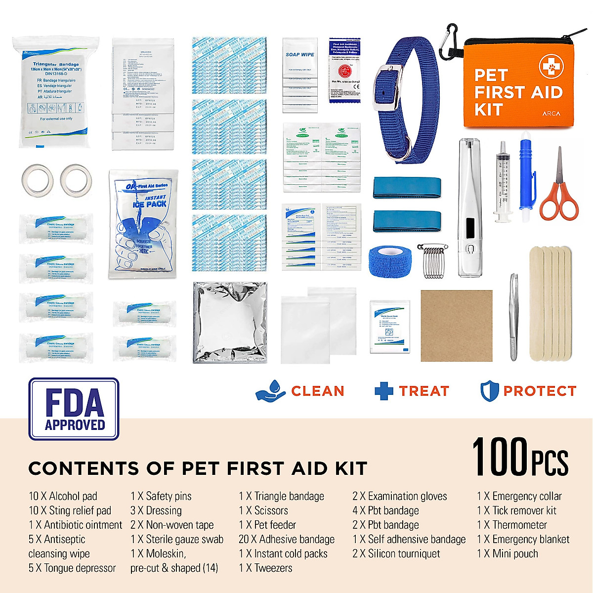 ARCA PET First Aid Kit 3 Piece Set - Each for Home, Car & Travel. Dog First Aid Kit with Thermometer, Tick Remover Kit & Many More