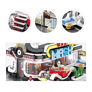 General Jim's Street View Creator Modular Building Blocks Toy Set - City Block Center - Music Store & Car Wash Toy Bricks - for Teens and Adults