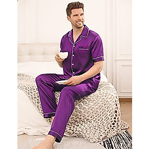 SWOMOG Mens Satin Silky Pajama Set Short Sleeve Classic Sleepwear Button Down Loungewear with Long Pants Purple Large
