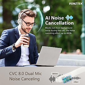 Wireless Headset, QCC 5.2 Bluetooth Headset with CVC 8.0 Dual Mic Noise Canceling & Charging Dock, 45 Hrs Wireless Headphones with USB Dongle for Computer Cell Phone Office Work Teams Meetings
