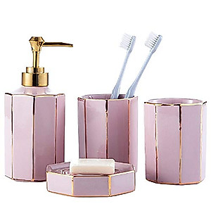 WPM WORLD PRODUCTS MART 4 Piece Ceramic Bathroom Accessories Set - Blush Rose Pink Gold - Complete Bath Decor Kit Includes Designer Soap and Lotion Dispenser - Cup - Tumbler - Soap Dish (DESIGN2)